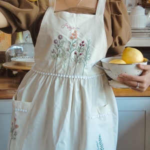 Natural Embroidered Floral Apron, Personalized Hand Embroidered Apron, Kitchen, Cooking, Florist ...