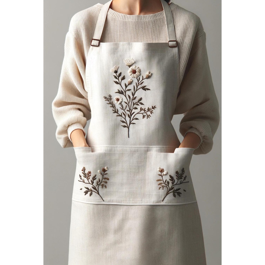 Natural Embroidered Floral Apron, Personalized Hand Embroidered Apron, Kitchen, Cooking, Florist ...