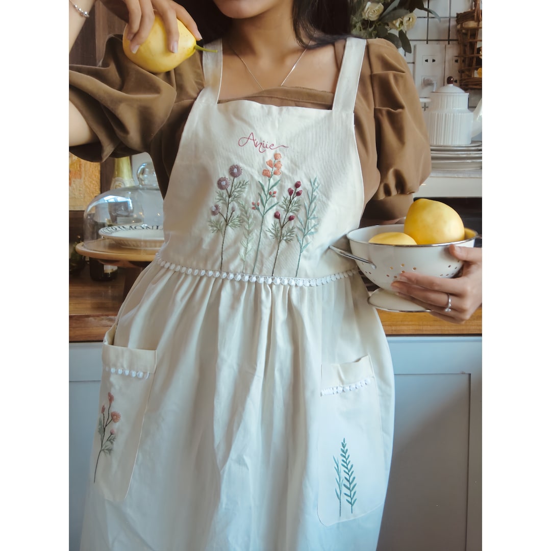 Natural Embroidered Floral Apron, Personalized Hand Embroidered Apron, Kitchen, Cooking, Florist ...