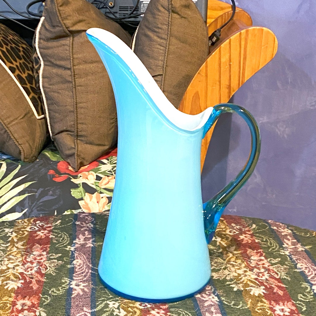 Vtg Mid-century Modern Italian Azure Blue Cased Venetian Glass Pitcher ...
