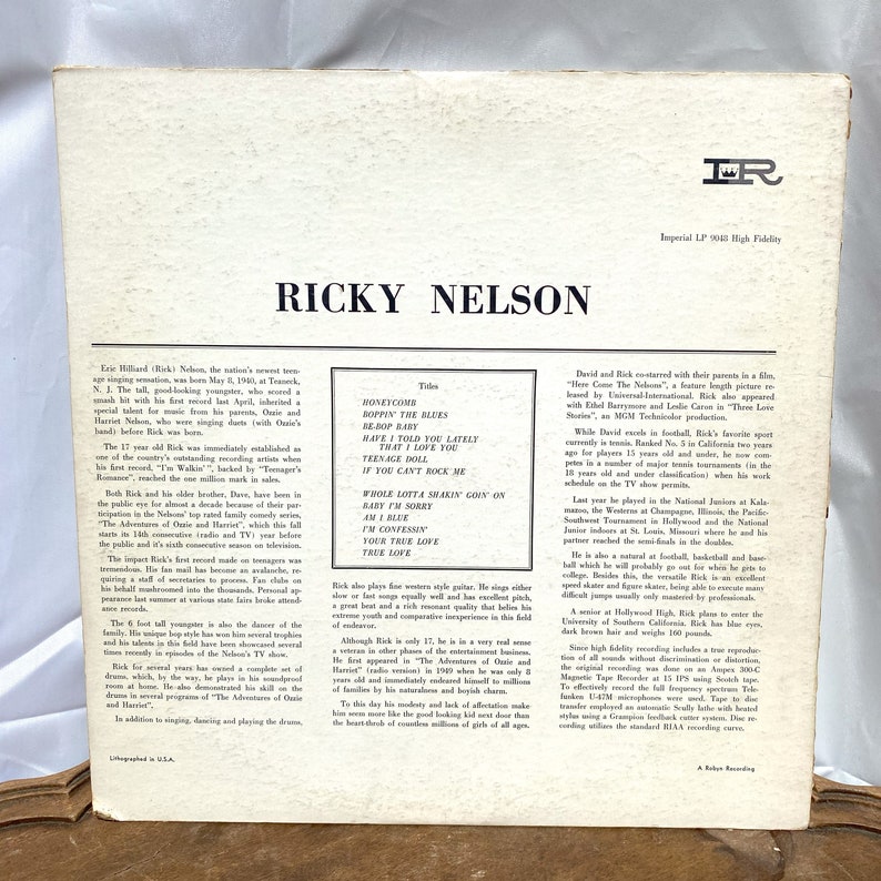 RICKY NELSON ‘RICKY’ Original Vinyl Record - Etsy