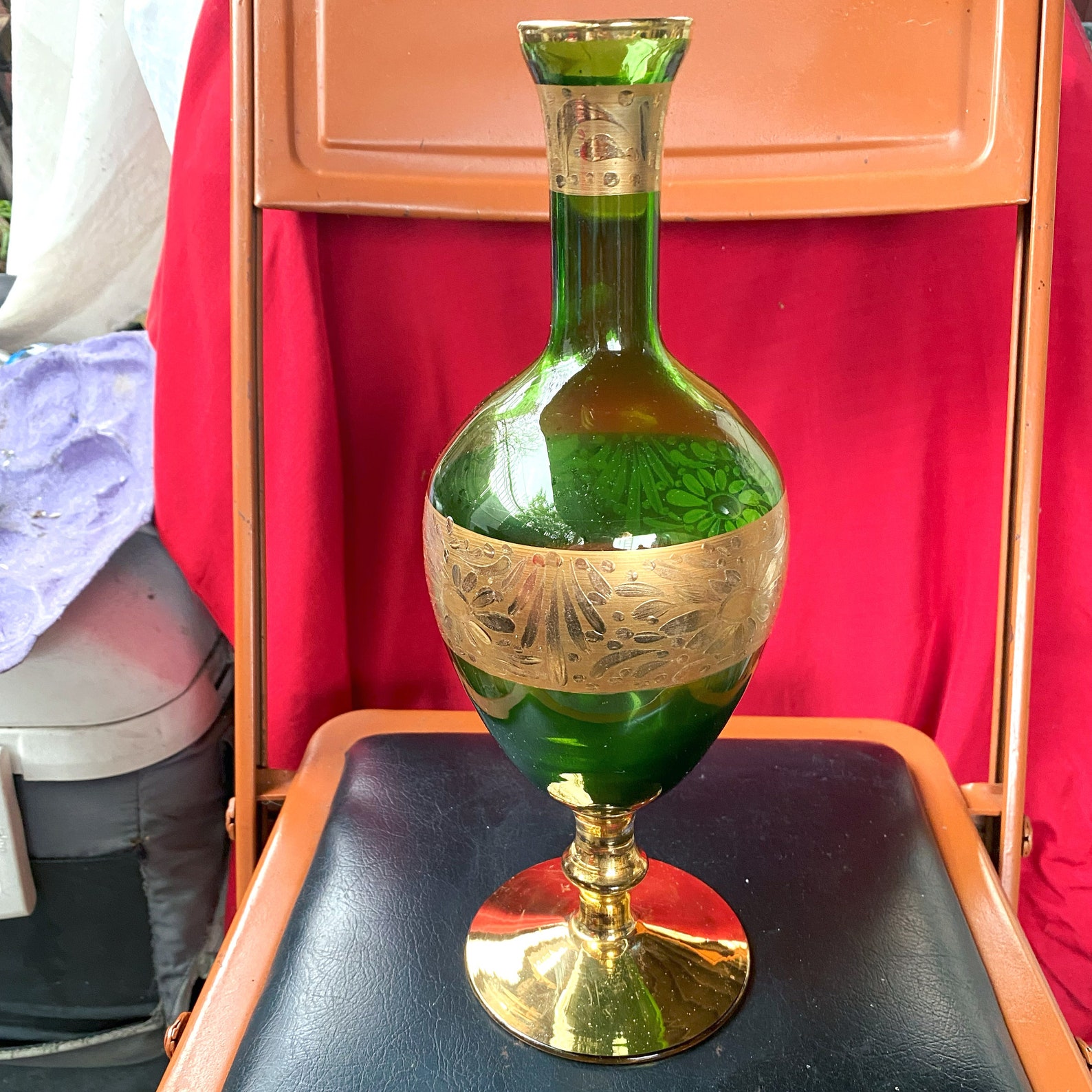 Vtg Venetian Hand-blown Emerald Green Glass & Gold Decanter W/o Top - Etsy