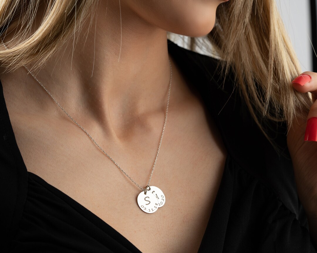 Multi Initial Birthdate Necklace, Disc Birthday Necklace, Personalized ...