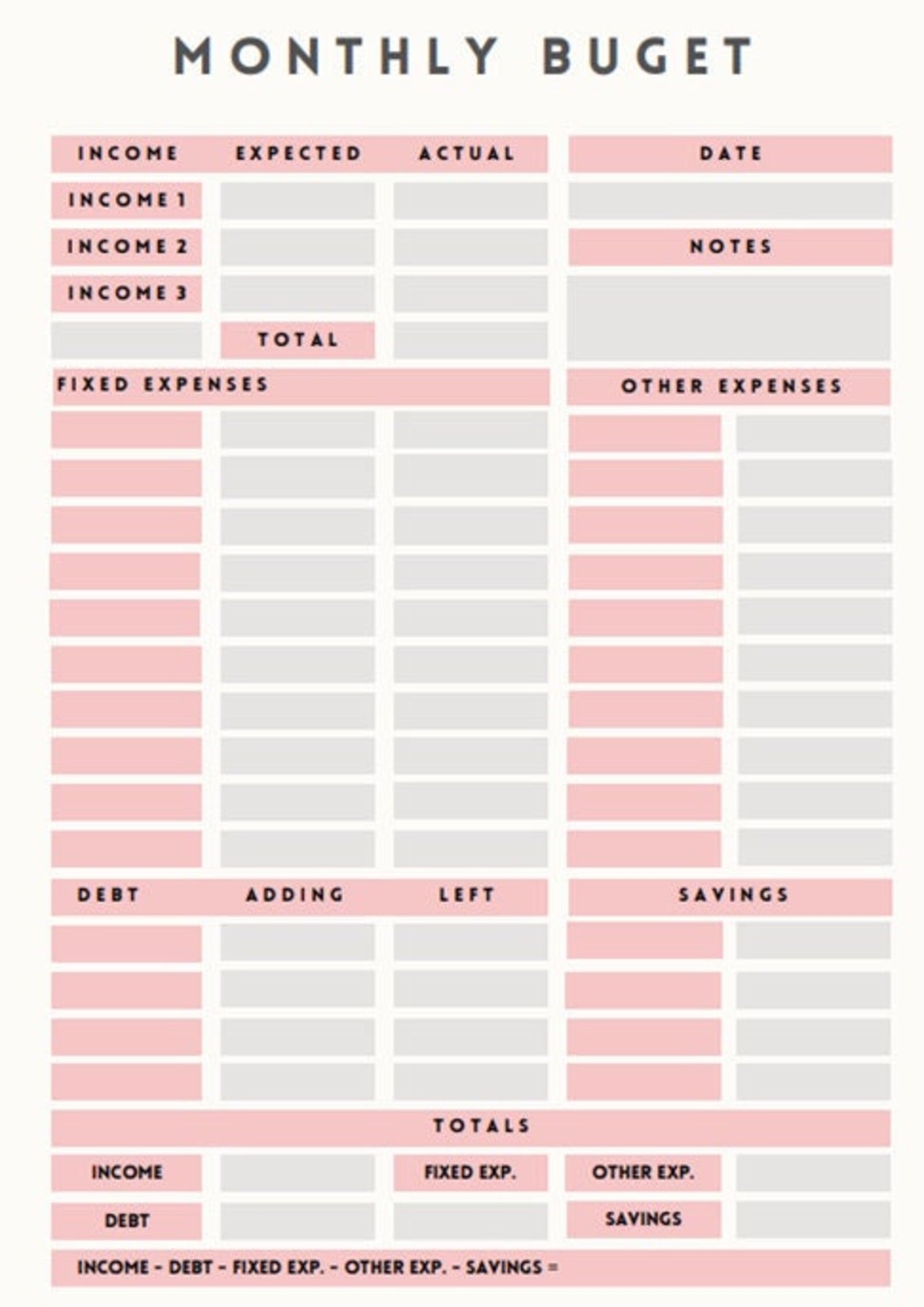 Easy Monthly Budget Pink, Includes Income Tracker, Fixed Exp. Tracker ...