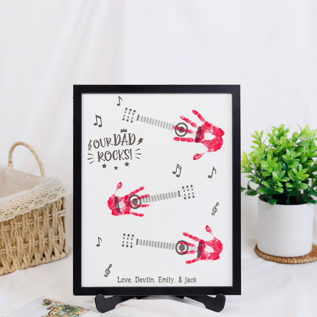 Handprint Guitar Wood Sign, Our Dad Rocks, Custom Kids Footprint Crafts ...
