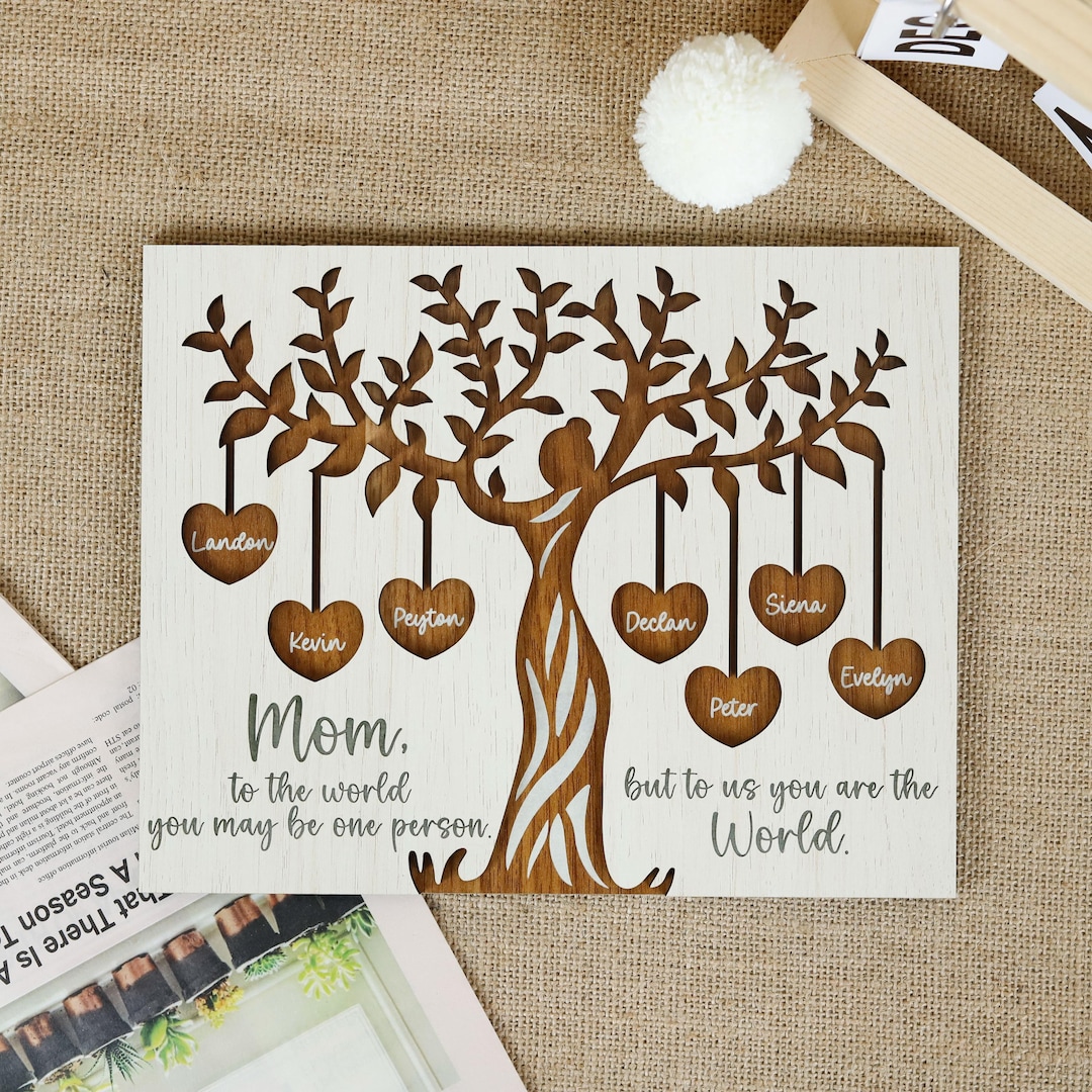 Personalized Mom Wooden Sign With Kids Names, Tree Plaque With Stand ...