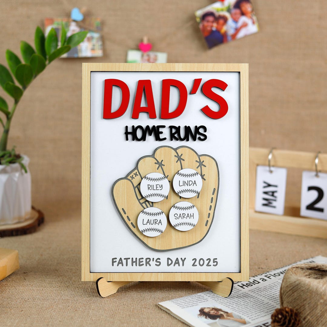 Dad's Home Runs 3D Baseball Sign, Dad Sign With Kids Names, Custom Dad ...