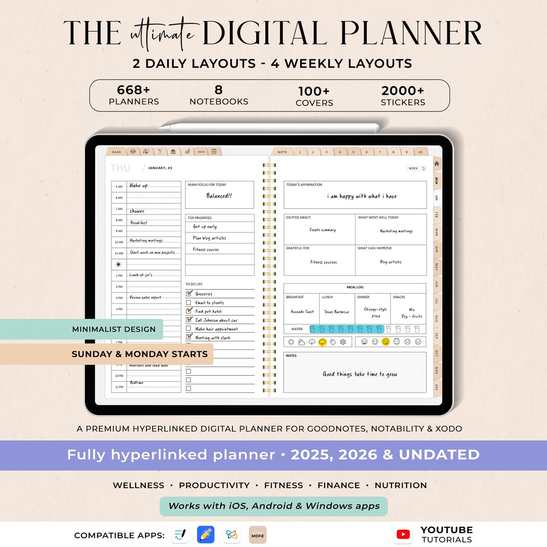 Undated Digital Planner, Goodnotes Calendar, Weekly Monthly Journal ...