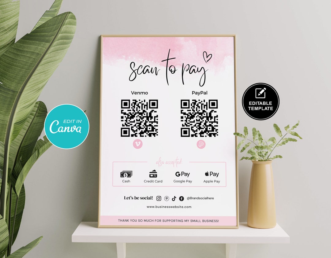 Editable Scan to Pay Card, QR Code Sign Template, Cashapp Paypal Sign ...