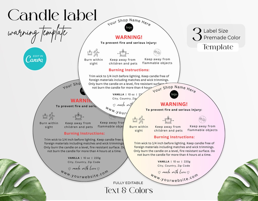 Candle Warning Label Template DIGITAL DOWNLOAD, Editable CANVA Template ...