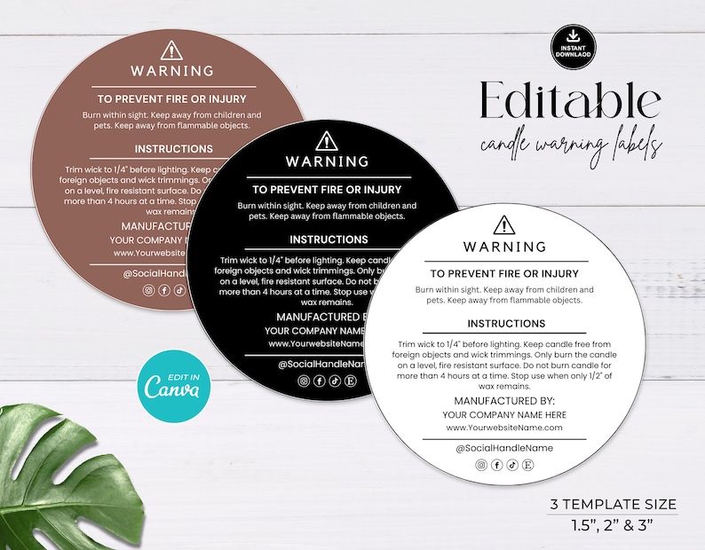 Editable Candle Warning Label Template: Round Safety Stickers (digital ...