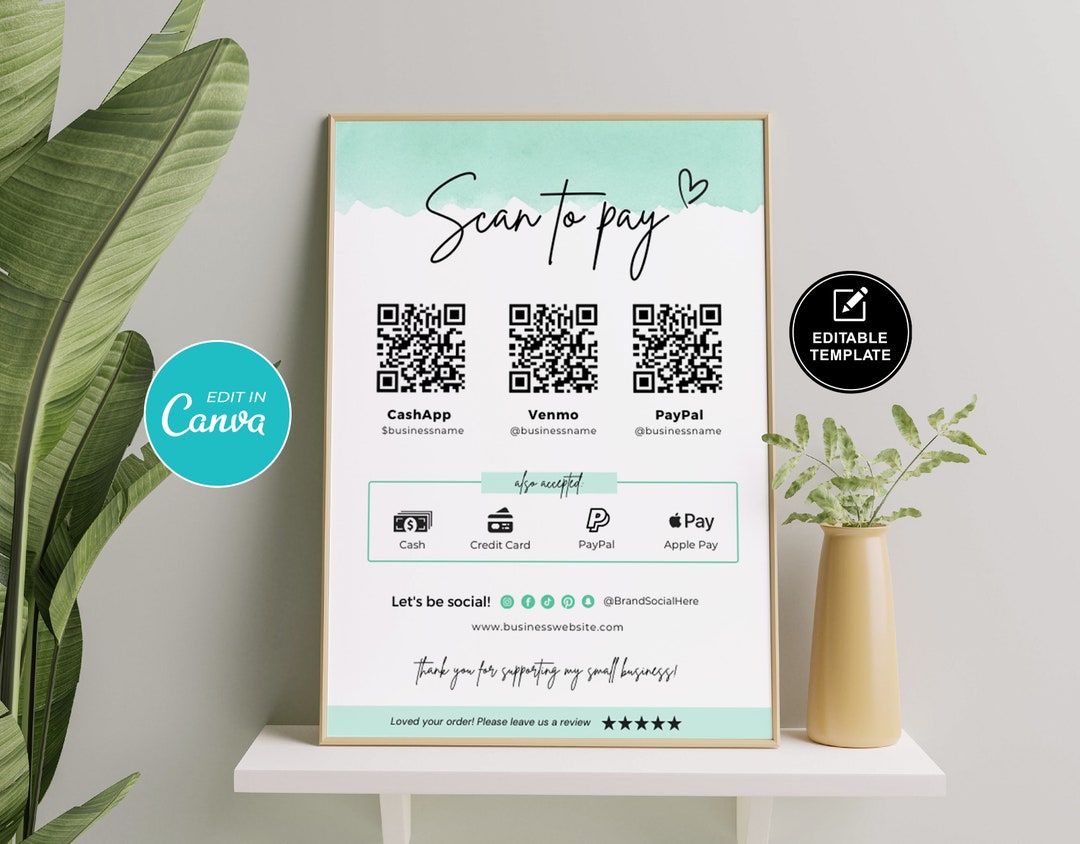 Editable QR Code Sign, Scan to Pay Sign, Printable Scan to Pay Template ...