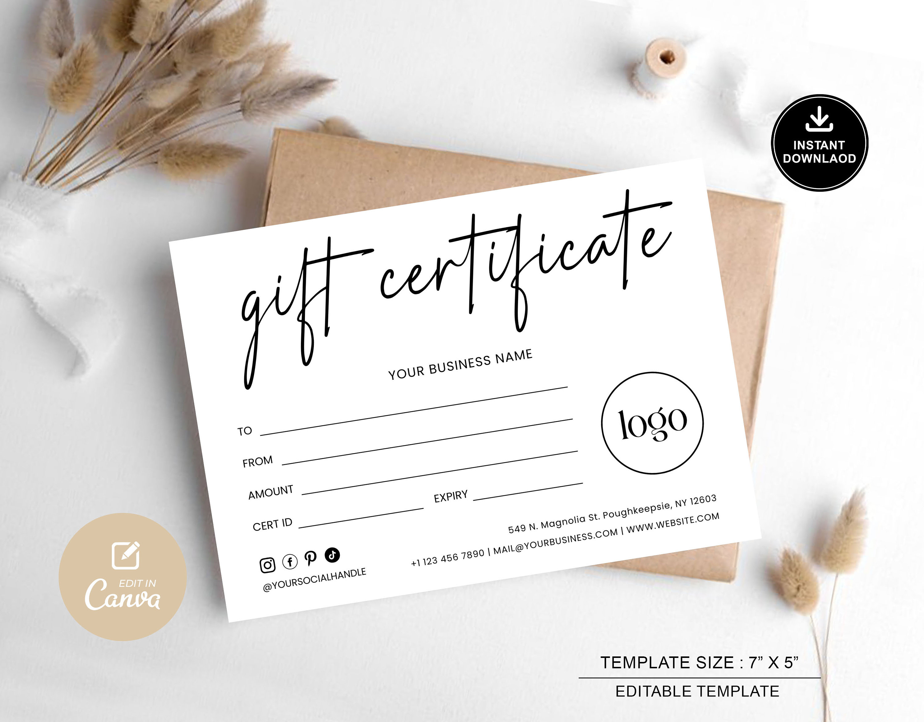 Editable Gift Certificate Template With Logo, Modern Gift Certificate ...