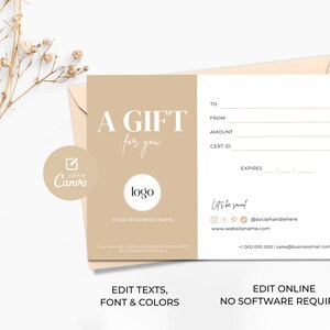 Editable Gift Card, Gift Certificate Template, Printable Gift Voucher ...