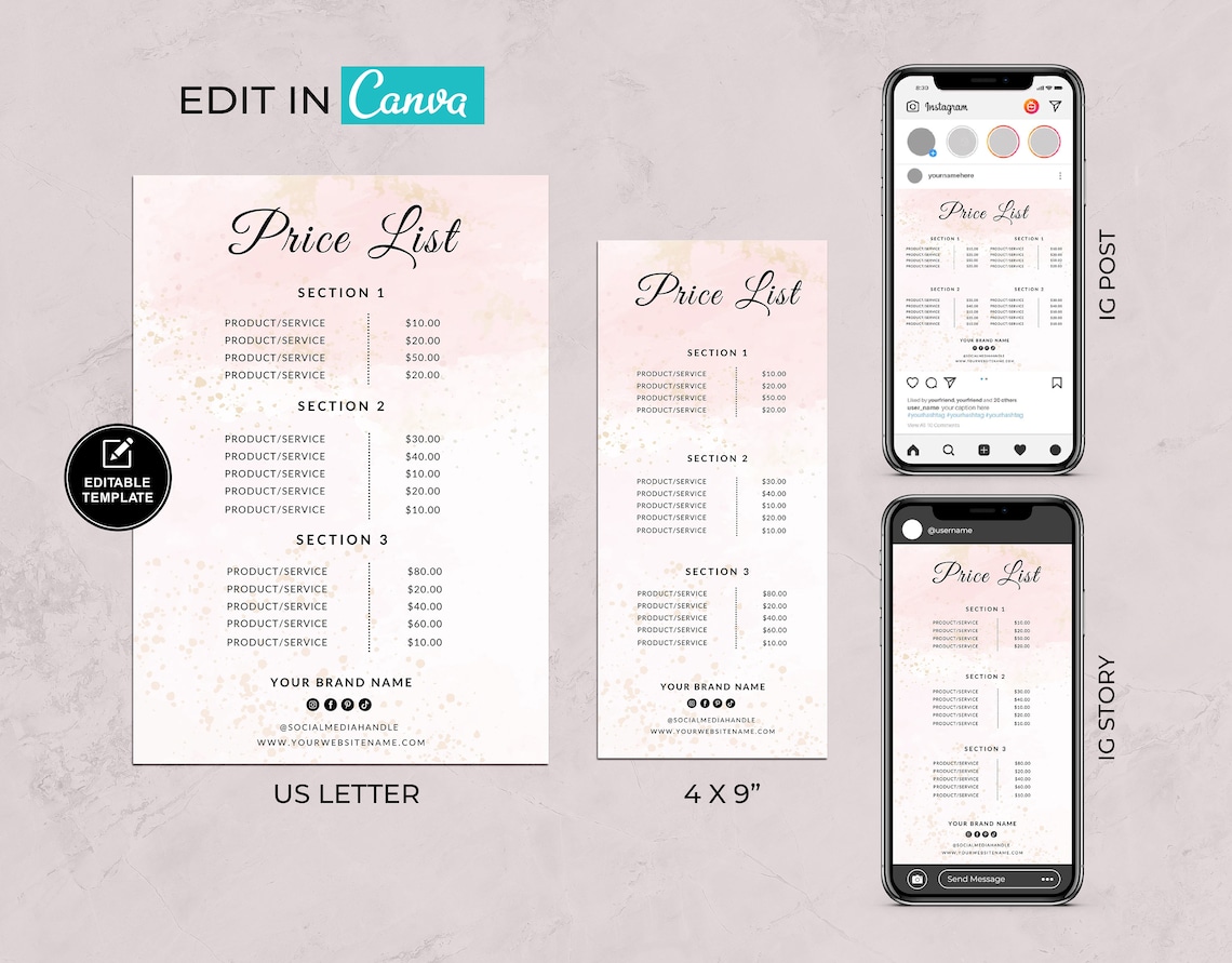 Editable Price List Template Printable Pricing Guide Sheet - Etsy