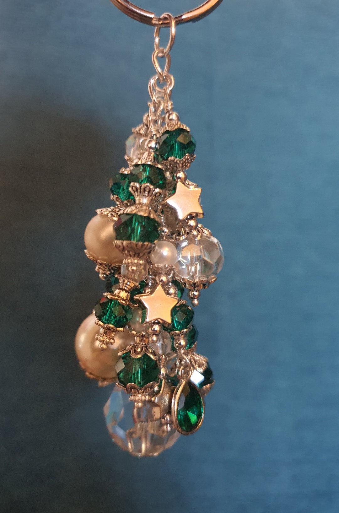 Green Star Beaded Keyring, Silver/pearl/green Crystal Bag Charm, Green ...
