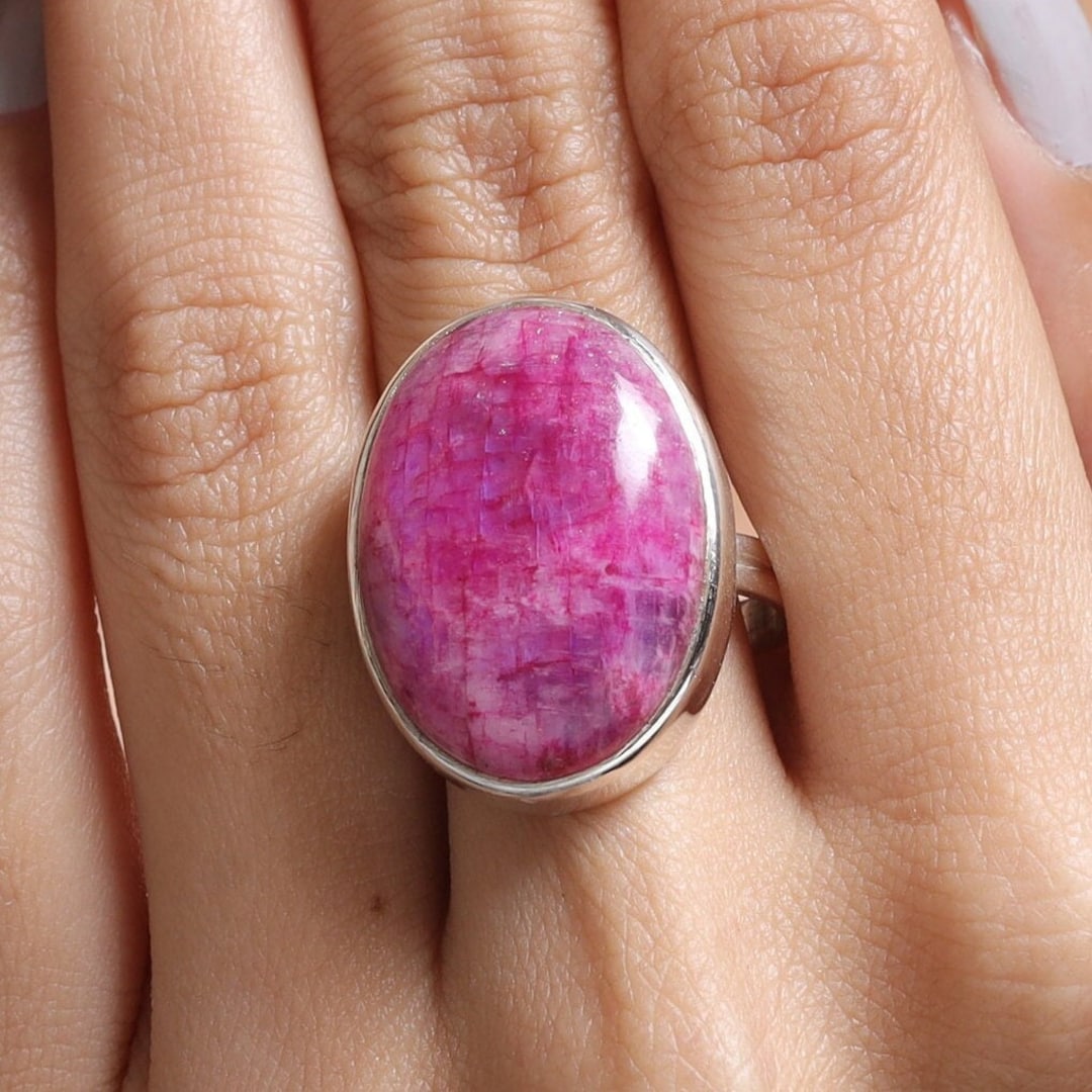 Pink Rainbow Moonstone Ring / 925 Sterling Silver Ring / Gemstone Ring ...