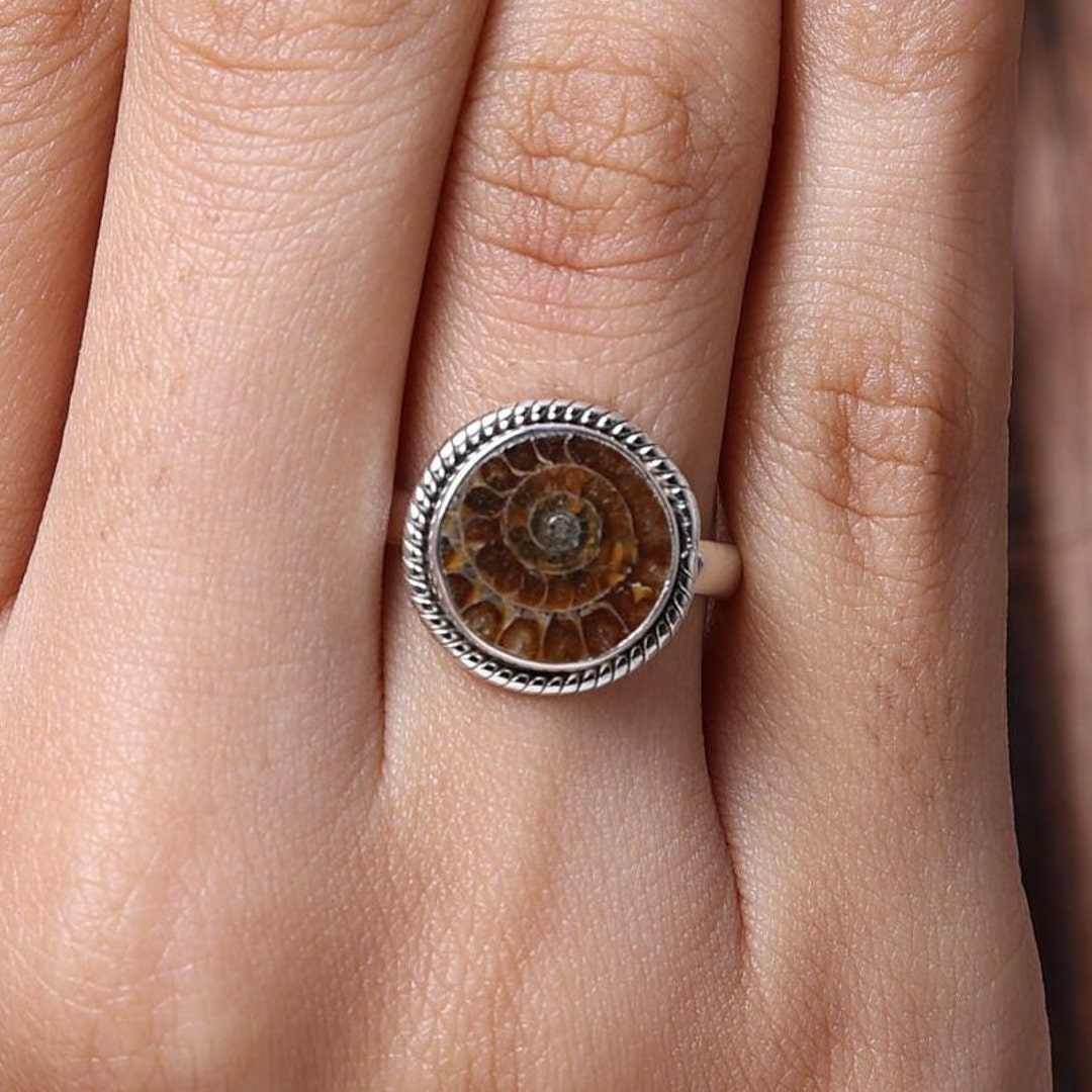 Ammonite Ring / 925 Sterling Silver Ring / Brown Gemstone Ring ...