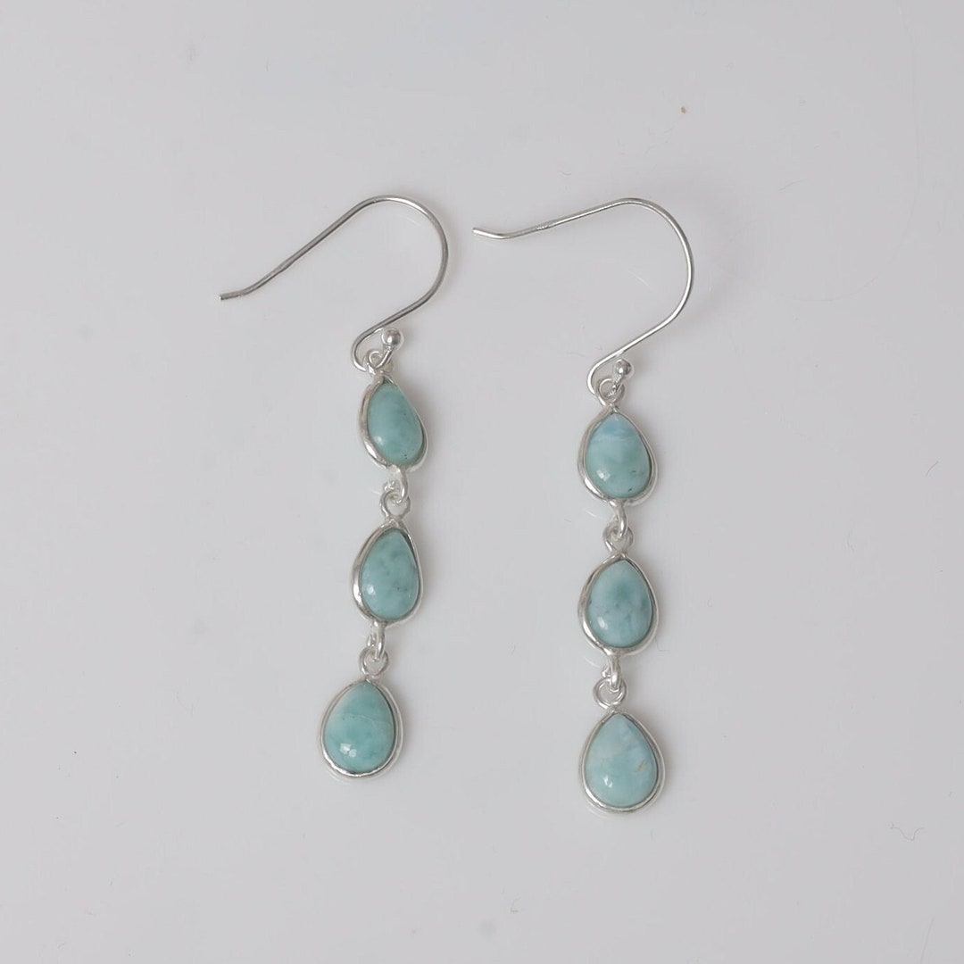 Natural Larimar Earrings / 925 Sterling Silver Earrings / Pear Shaped Earrings / Women Silver ...