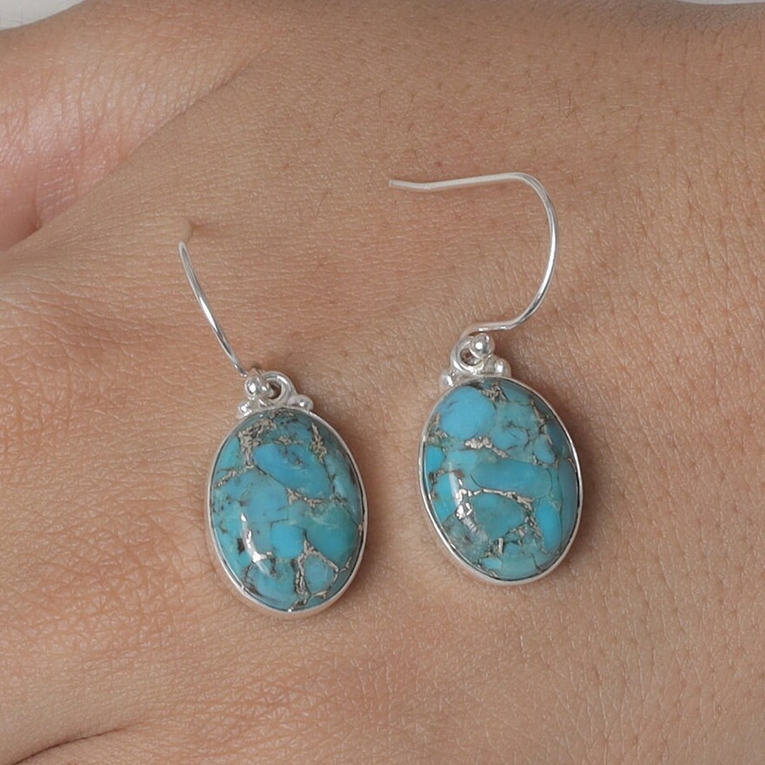 Blue Copper Turquoise Earrings / 925 Sterling Silver Earrings ...