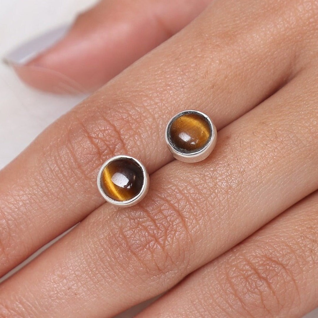 Tiger Eye Stud Earrings / 925 Sterling Silver Studs / Round Gemstone ...