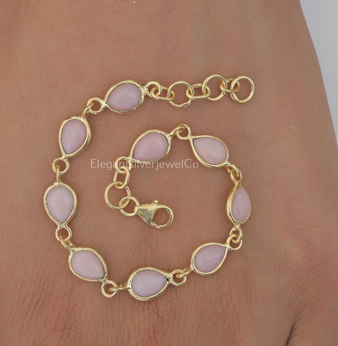Pink Opal Bracelet / 18k Gold Plated Silver Bracelet / October ...