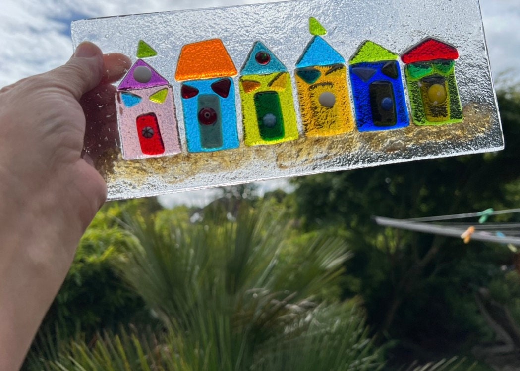 Fused Glass Beach-hut Art, Fused Glass Seaside Picture, Fused Glass ...