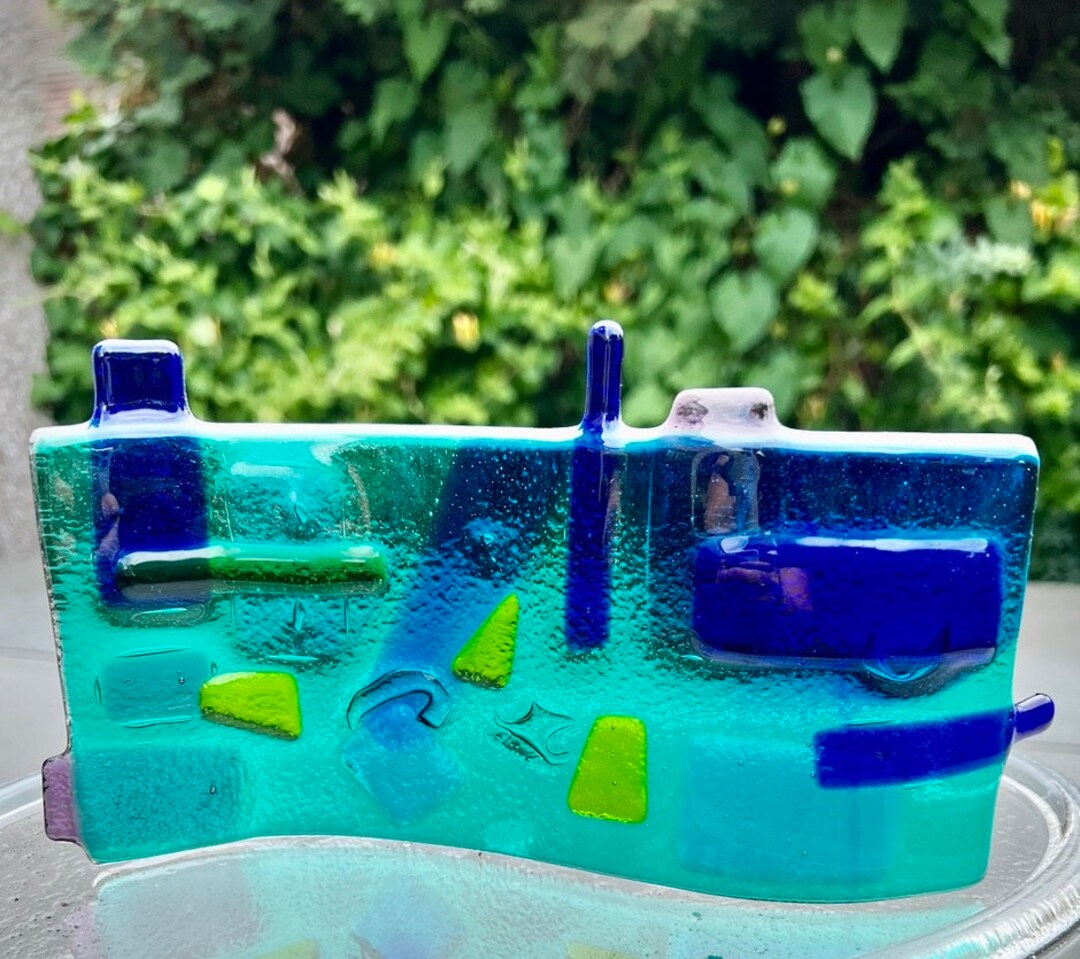 Contemporary Curvy Glass Art, Blues and Greens, Glass Plaque, Stand ...
