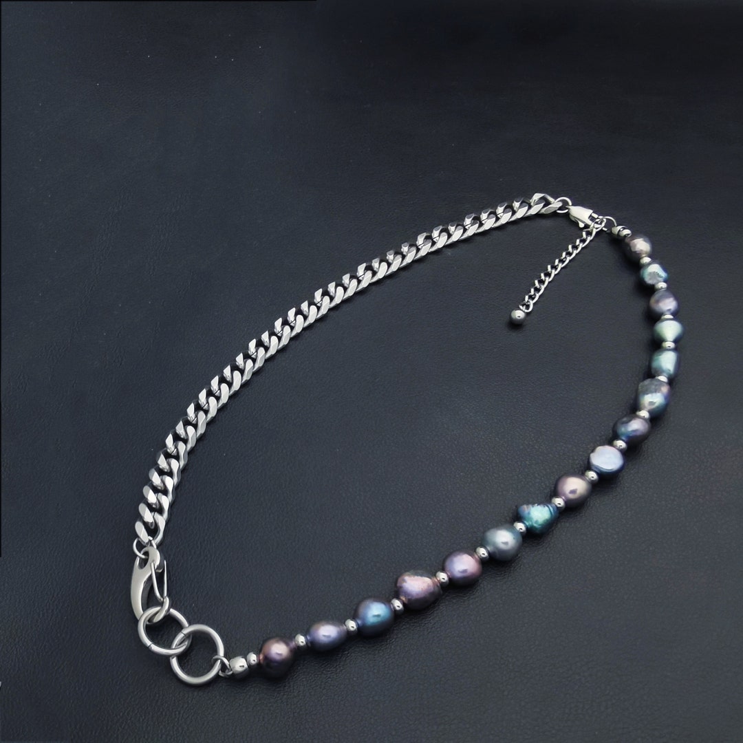 Half Pearl Half Curb Link Chain Beaded Necklace/diamond Cut/real Black ...