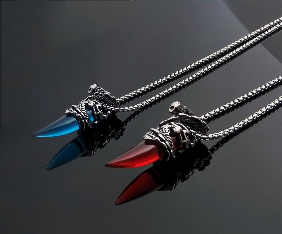 Blue Red Wolf Tooth Pendant/engraved Dragon Spirit Necklace/energy ...