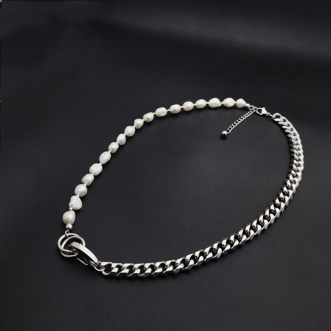 Half Pearl Half Curb Link Chain Beaded Necklace/diamond Cut/real Nature ...