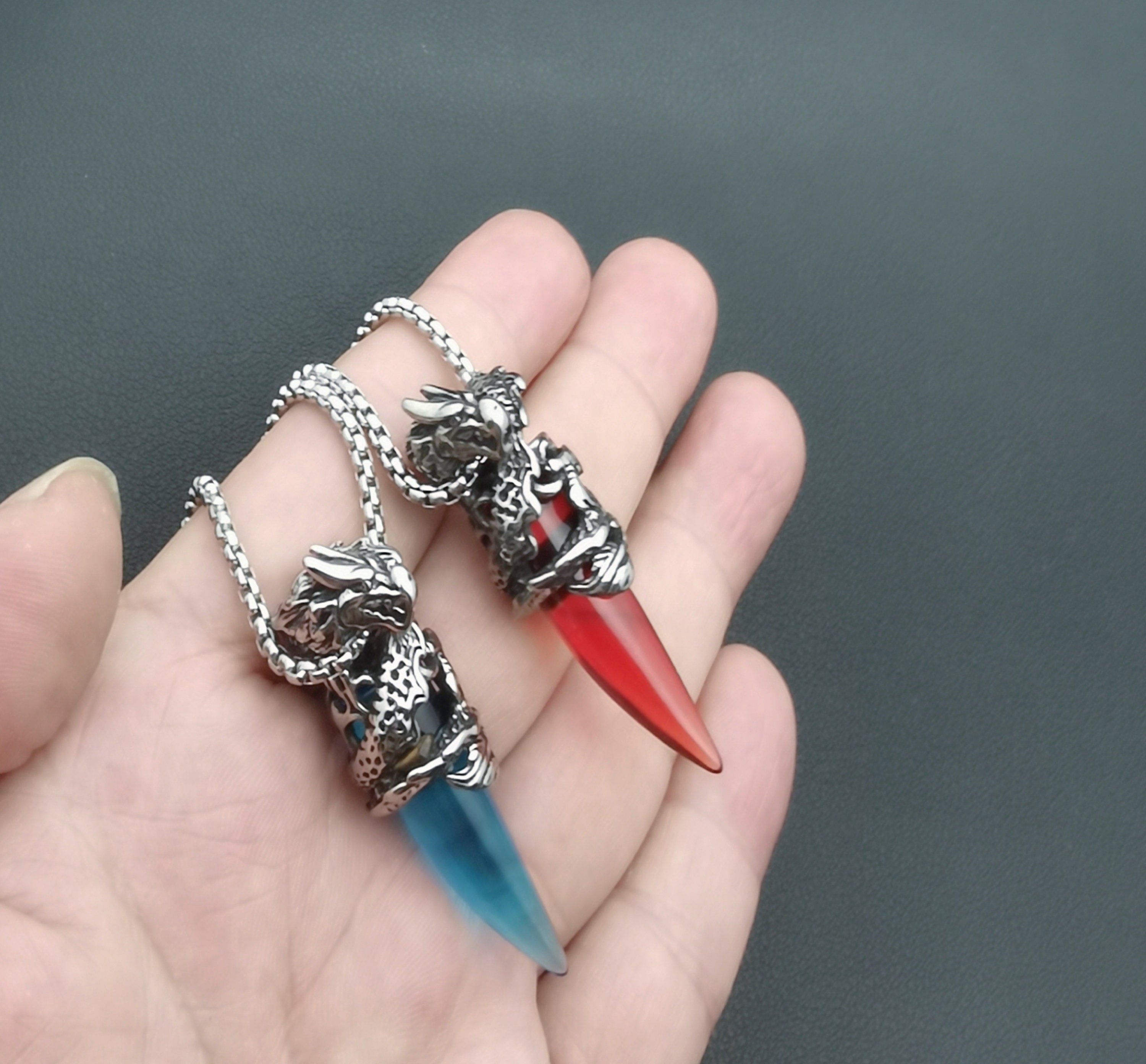 Blue Red Wolf Tooth Pendant/engraved Dragon Spirit Necklace/energy ...