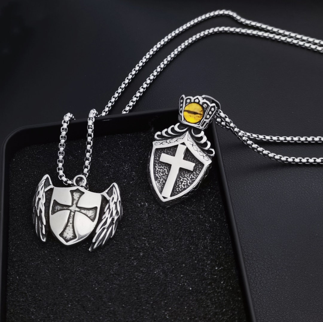 2 Cross Shield Pendants/devil Evil Eye/knights Templar Engraved Crown ...