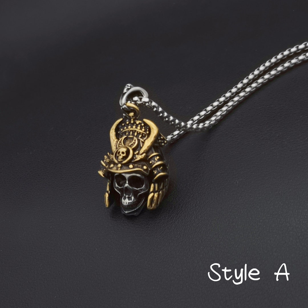 Engraved Prajna Samurai Helmet Demon Necklace/red Gem Eyes Skull Hannya ...