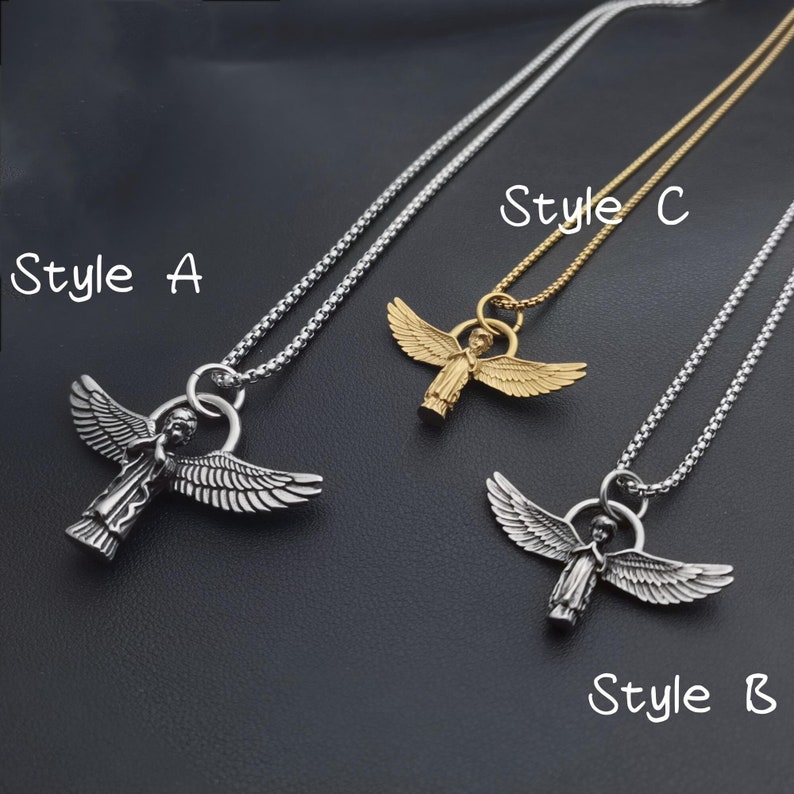 Engraved Angel Wing Pendant Necklace: 14K Gold Finish, Stainless Steel ...