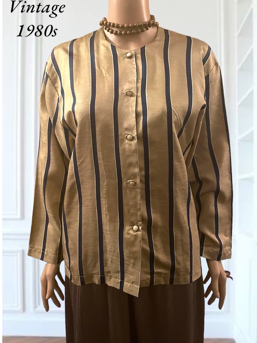 Vintage Silk Shirt Vintage 80s Button up Gold Silk With Navy Stripes ...