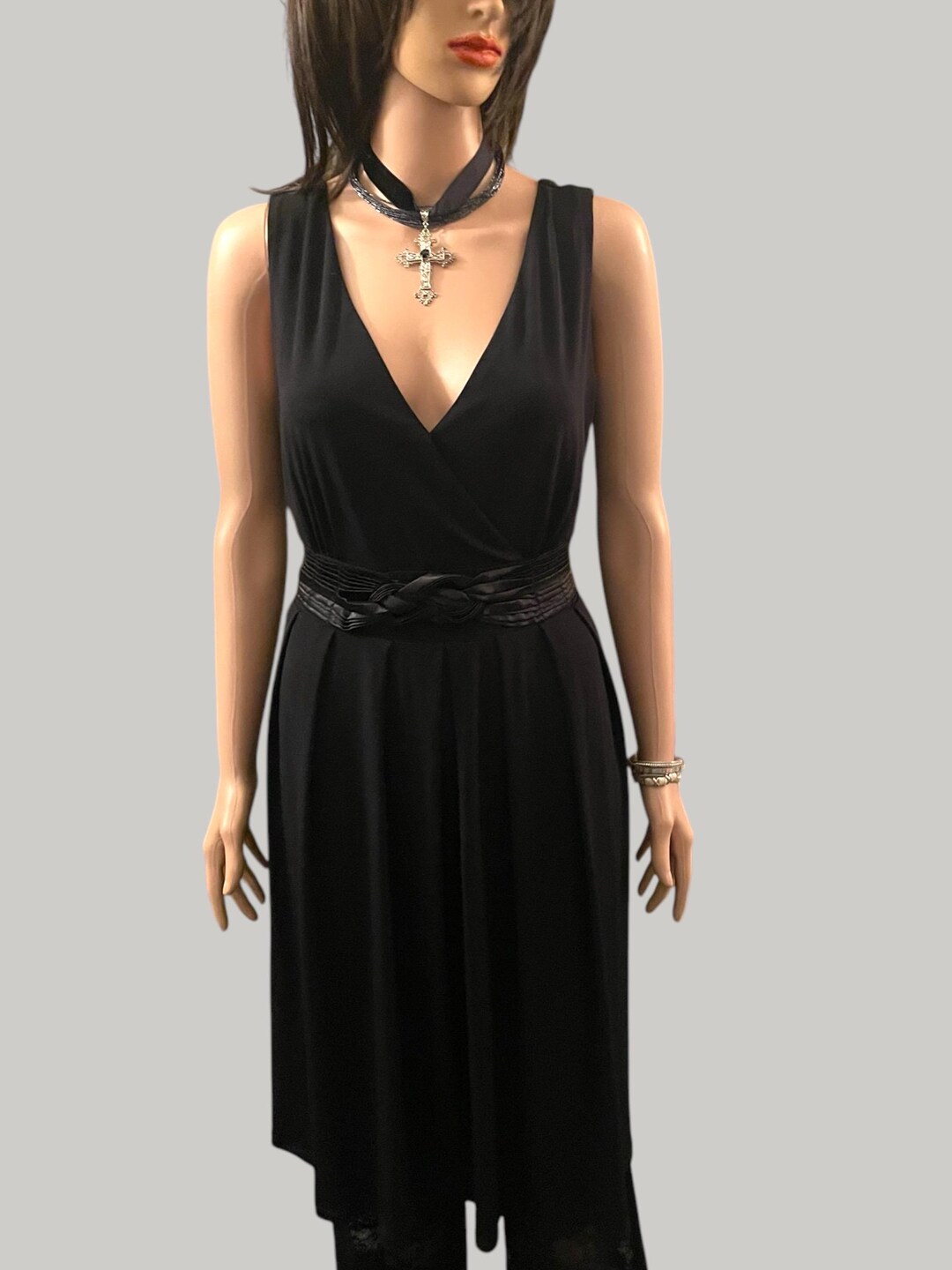 Vintage Black Gothic Dress Laura Ashley Sleeveless Vneck Midi Stretch ...