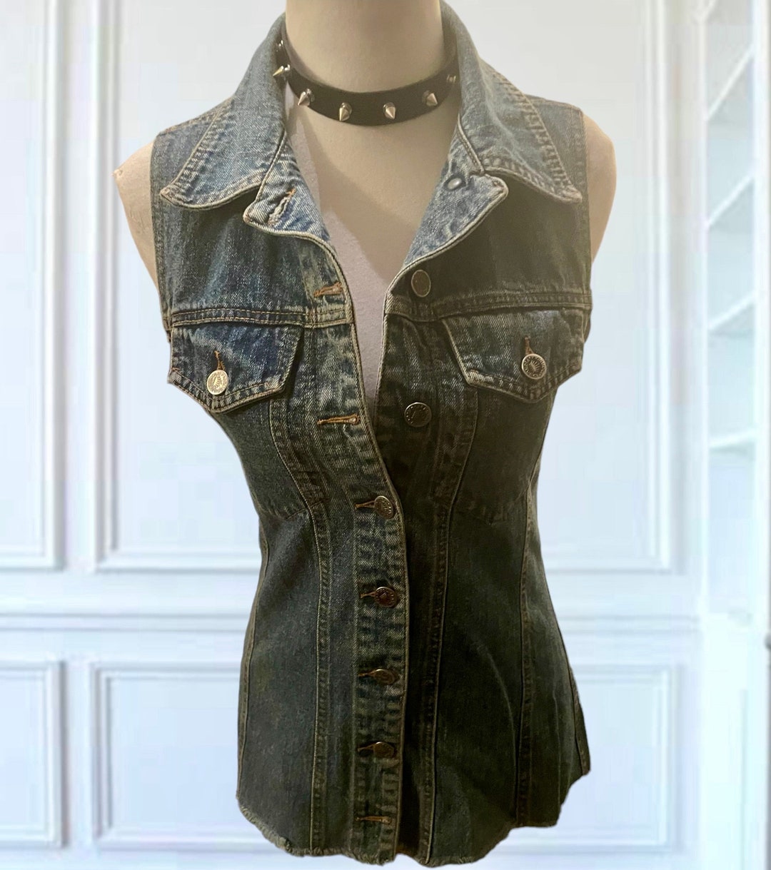 Vintage 1990's Fiorucci Denim Jean Vest Jacket Fitted Distressed ...