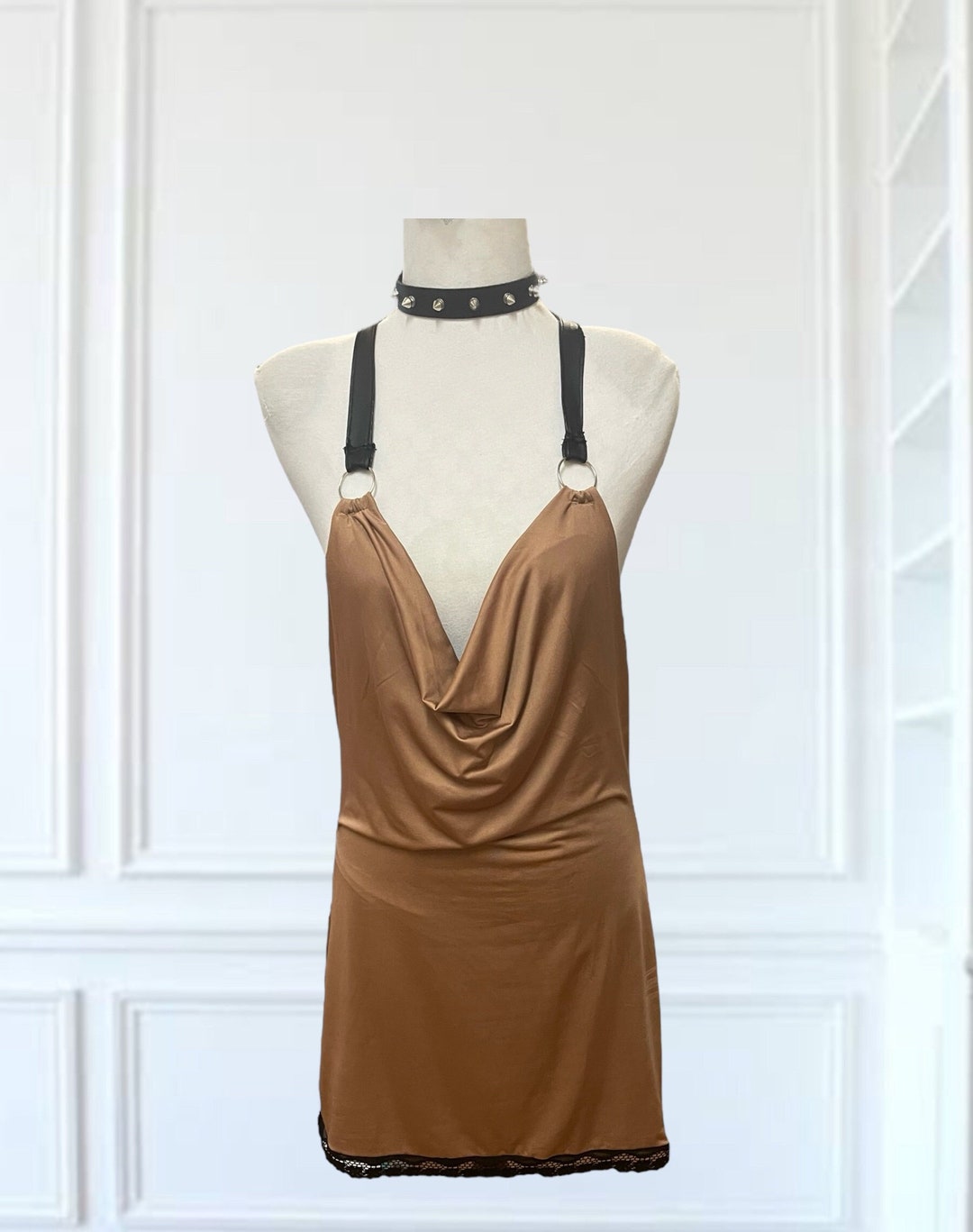 Evening Dress Halter Neck Mini Dress Backless Plunge Cowl Neckline Faux ...