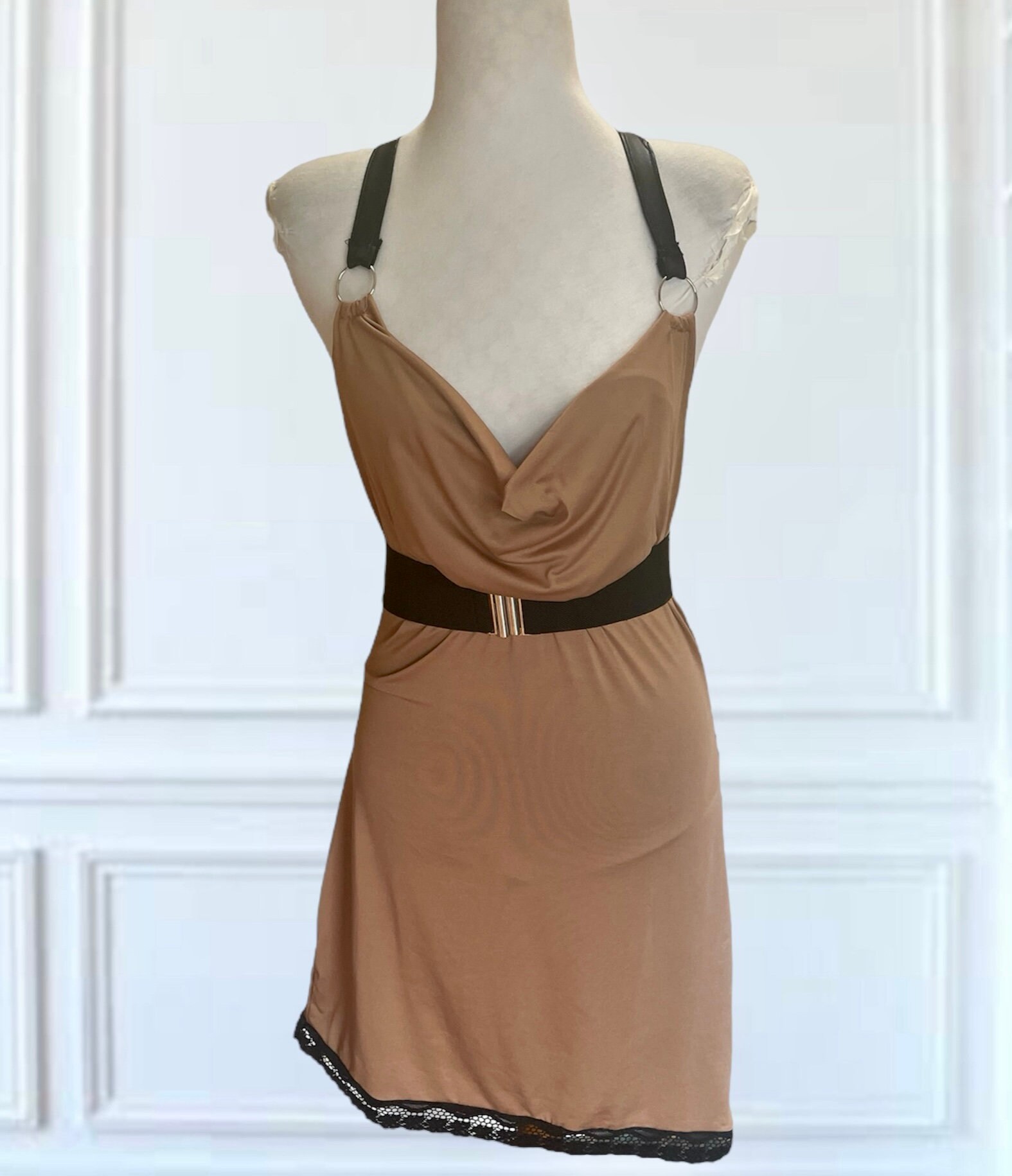 Evening Dress Halter Neck Mini Dress Backless Plunge Cowl Neckline Faux ...