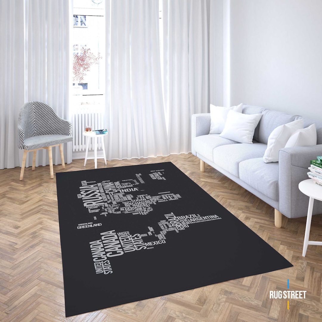 World Map Rug, Map Rug, Black Map Rug, Office Rug, Internatiol Rug ...