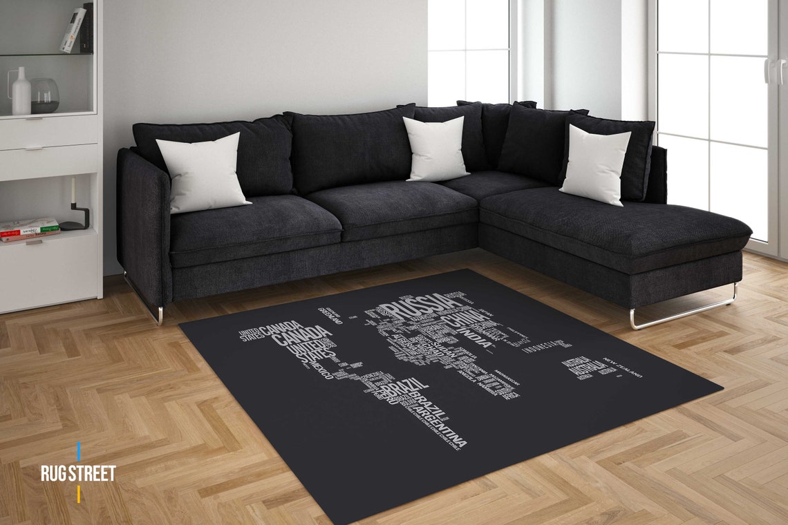 World Map Rug, Map Rug, Black Map Rug, Office Rug, Internatiol Rug ...