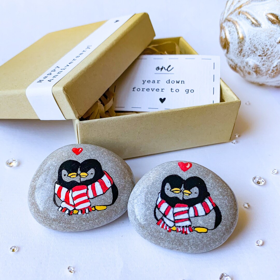 Personalized 2 Penguins Pebbles Set for 1 Year Anniversary - Etsy