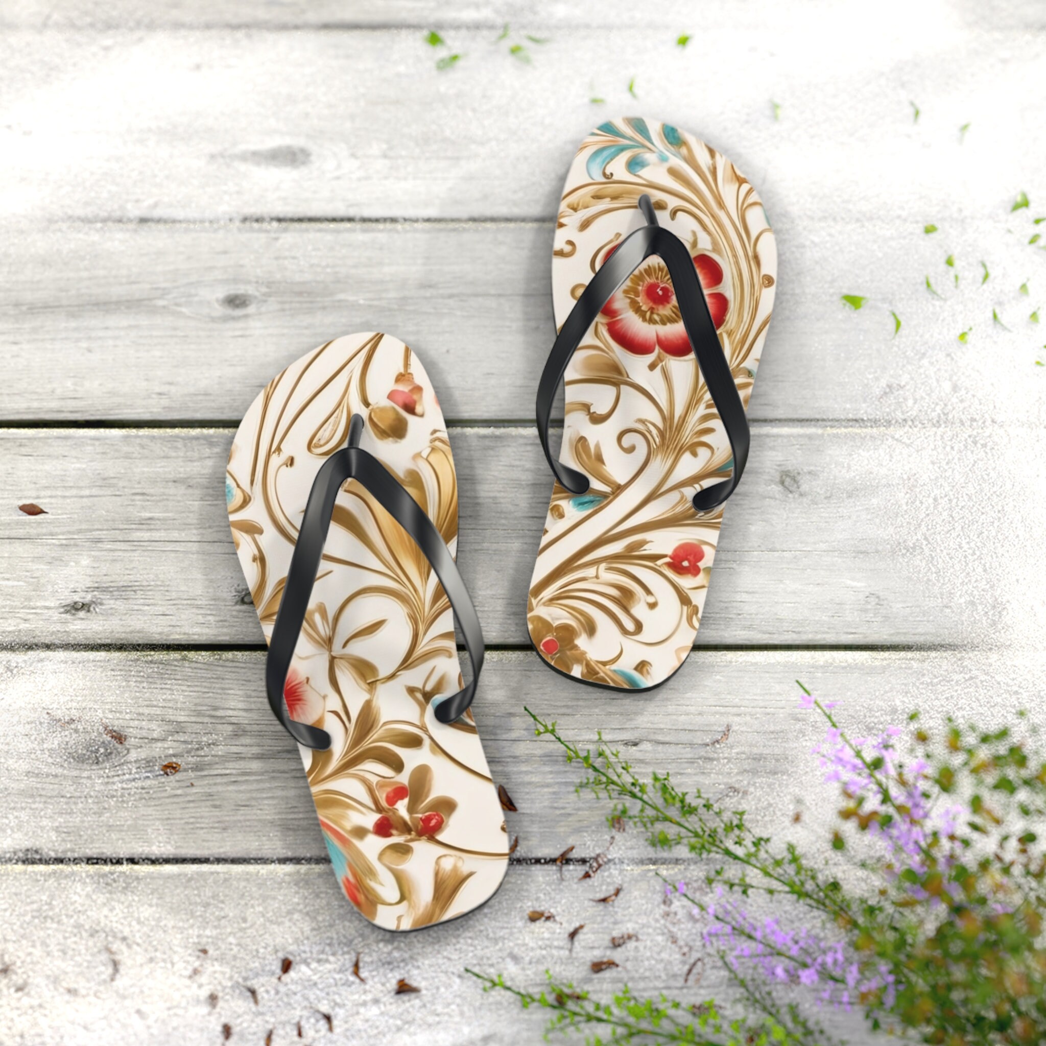 Beach Flip Flops Gold Floral Pattern Flip Flops Colorful Flip Flops ...