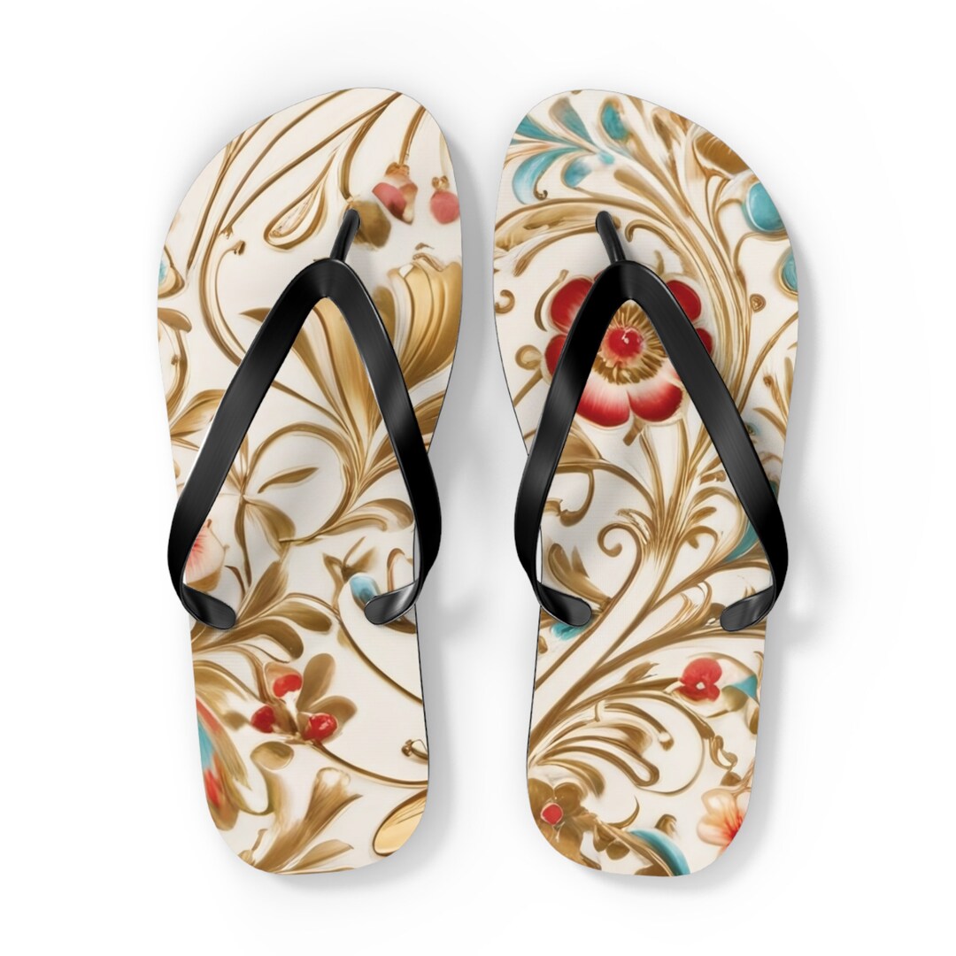 Beach Flip Flops - Gold Floral Pattern Flip Flops - Colorful Flip Flops ...