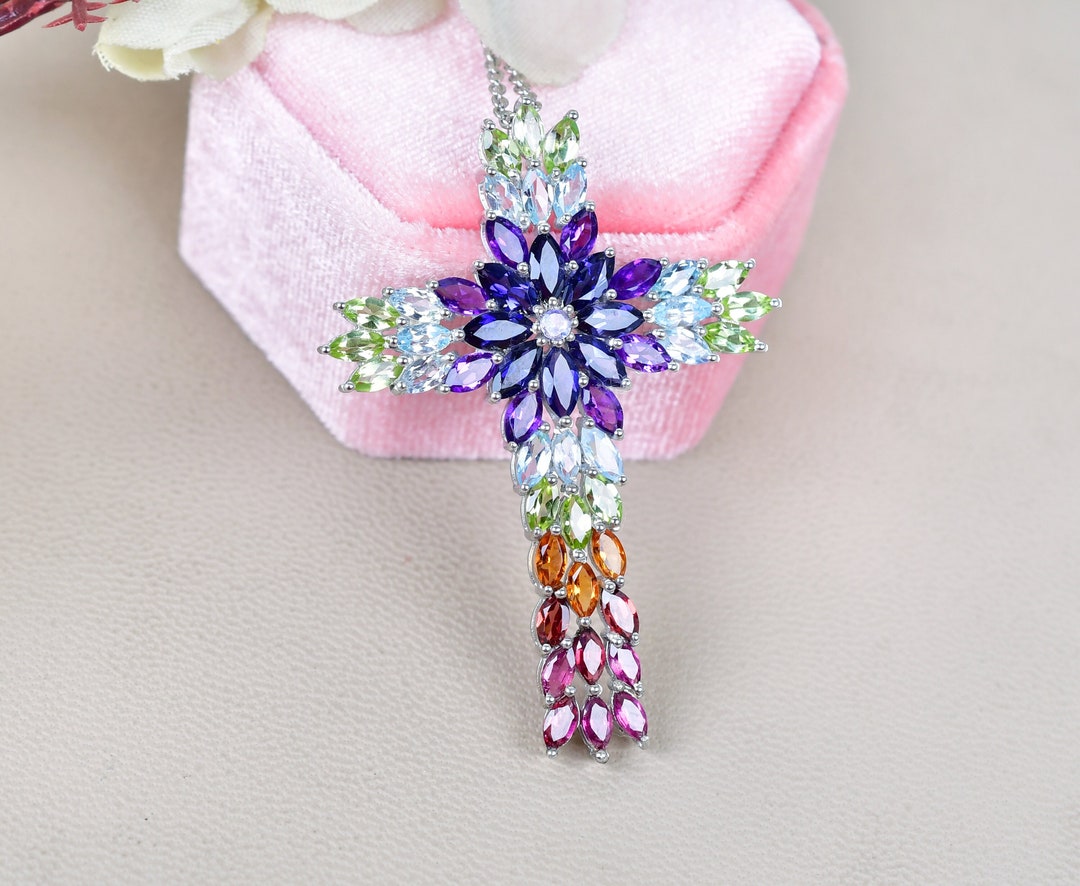 Multi Gemstone Cross Pendant Necklace, Sterling Silver - Etsy