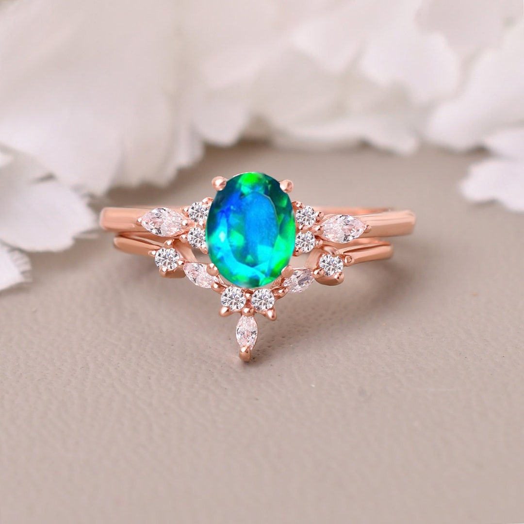 Peacock Quartz Engagement Ring Set, Oval Moissanite, 14K Gold Wedding ...