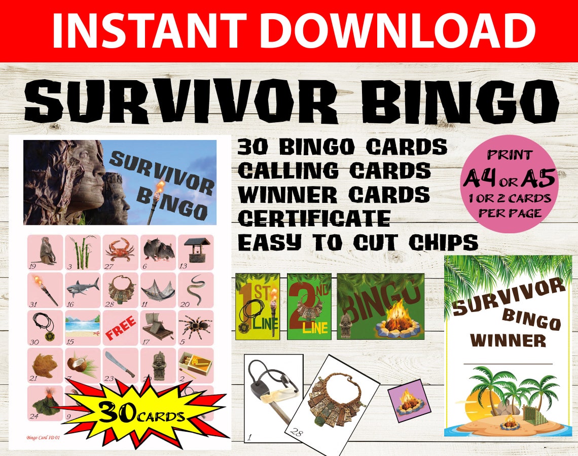 30 Card TV Show Survivor Inspired Bingo - Survivor Bingo 5x5 Game ...