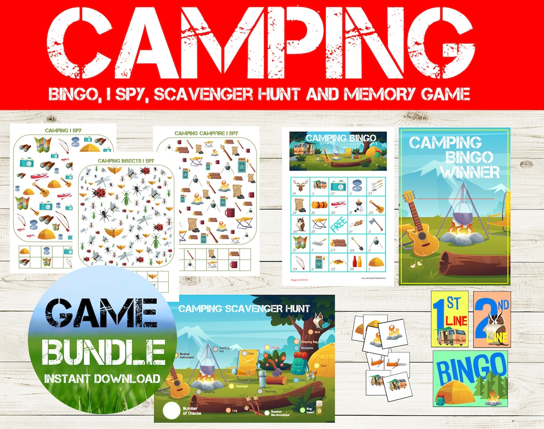 4 Camping Game Bundle - 30 Card Camping Bingo, Memory Game, I Spy Game ...