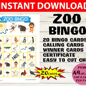 20 Card Zoo Animal Bingo - Zoo Animal Bingo 5x5 - Printable Zoo Bingo ...